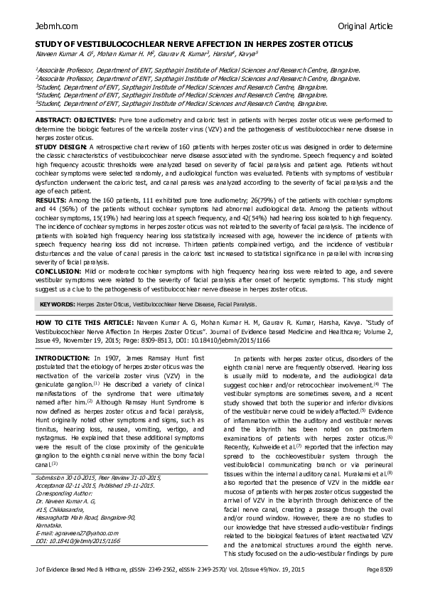 (PDF) Study of Vestibulocochlear Nerve Affection in Herpes Zoster Oticus