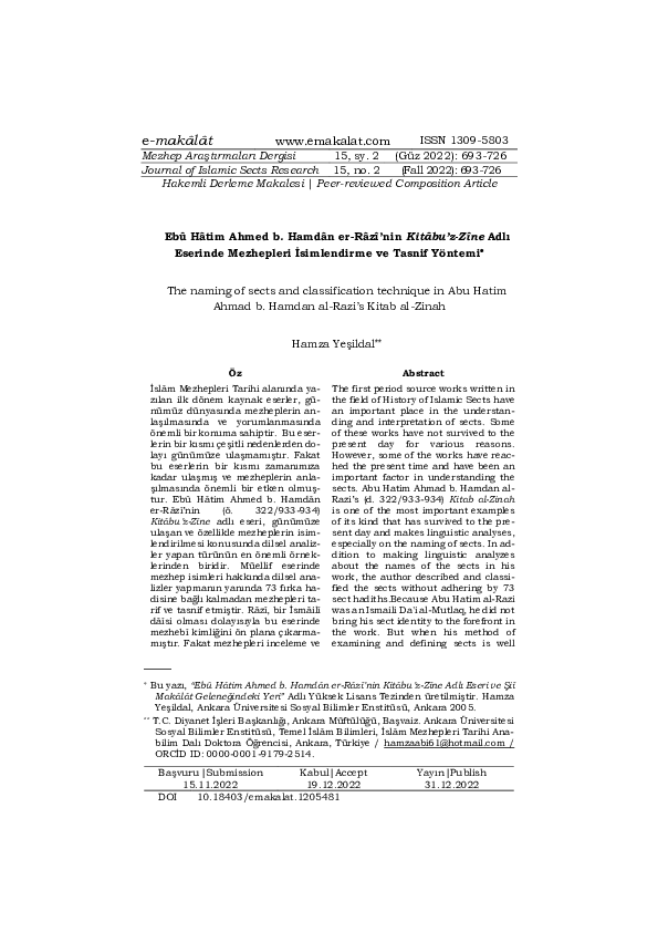 (PDF) Ebû Hatim Ahmed b. Hamdân er-Râzî'nin Kitâbu'z-Zîne Adlı Eserinde ...