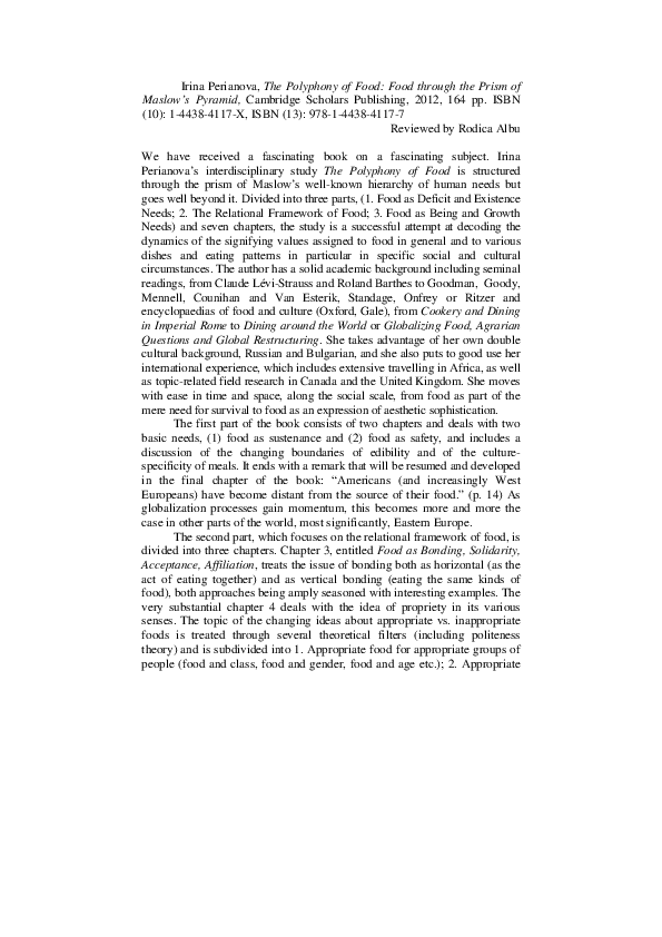 (PDF) The Polyphony of Food: Food through the Prism of Maslow’s Pyramid
