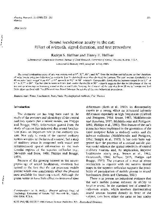 (PDF) Sound localization acuity in the cat: Effect of azimuth, signal ...