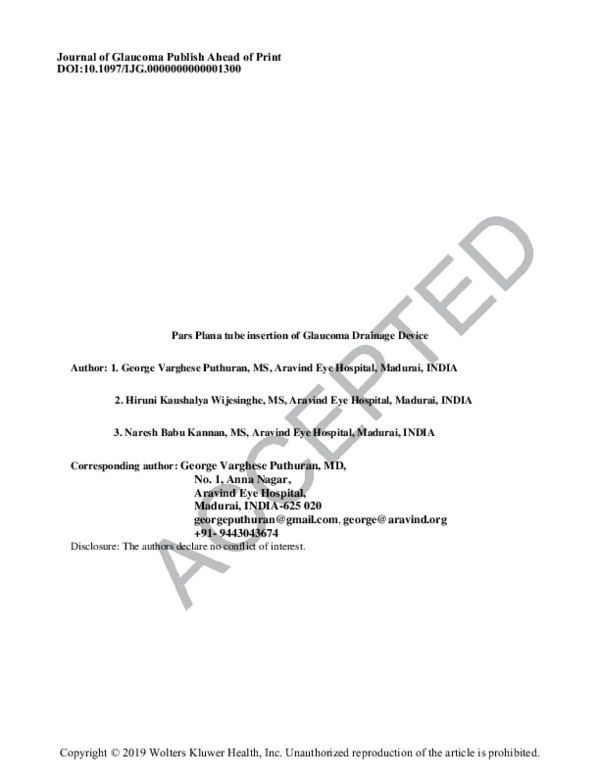 (PDF) Pars Plana Tube Insertion Of Glaucoma Drainage Implants With Pars ...