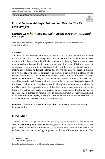 (PDF) Ethical Decision Making in Autonomous Vehicles: The AV Ethics Project