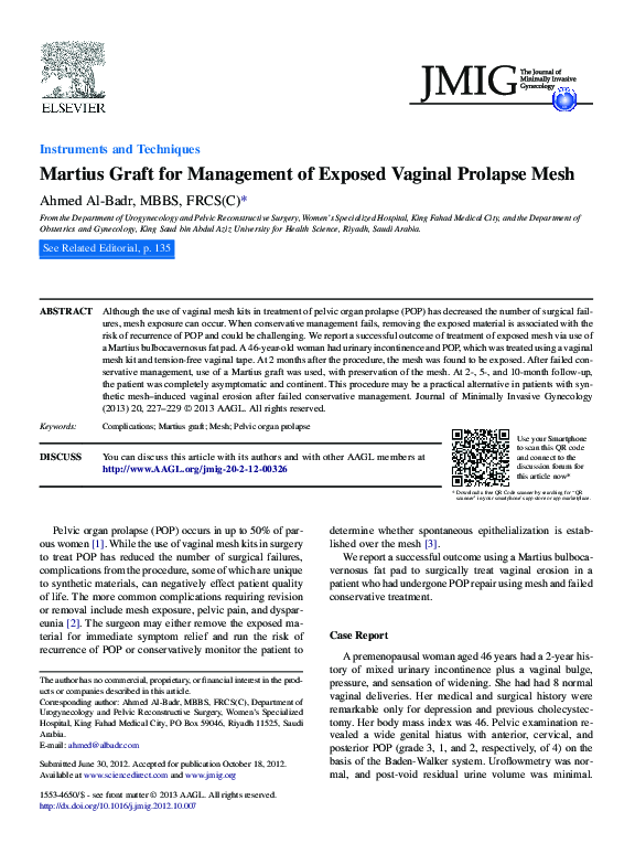 (PDF) Martius Graft for Management of Exposed Vaginal Prolapse Mesh
