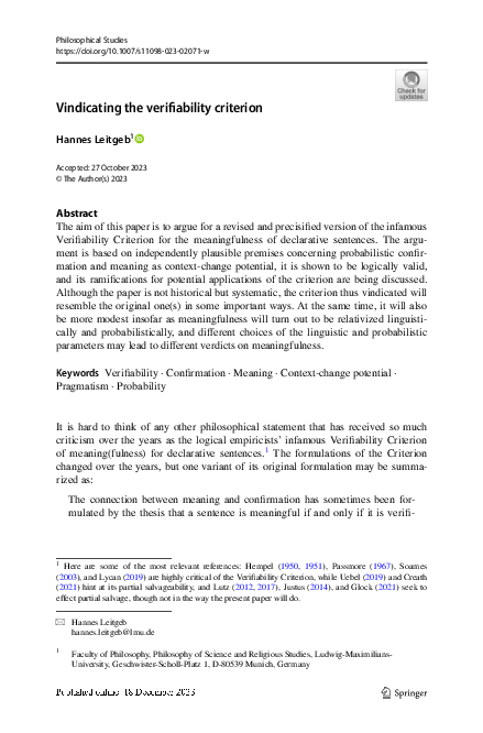 (PDF) Vindicating the verifiability criterion