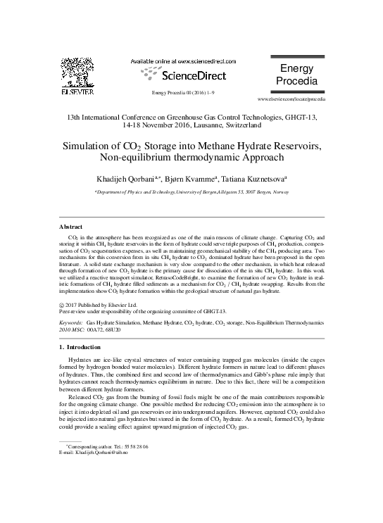(PDF) Simulation of CO2 Storage into Methane Hydrate Reservoirs, Non-equilibrium Thermodynamic ...