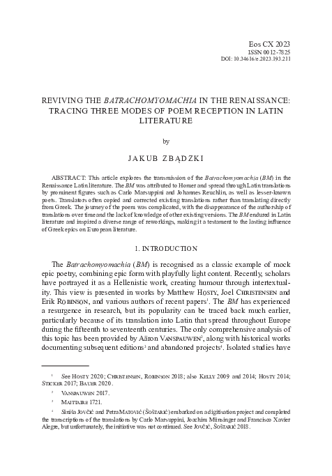 (PDF) Reviving the Batrachomyomachia in the Renaissance: Tracing Three ...