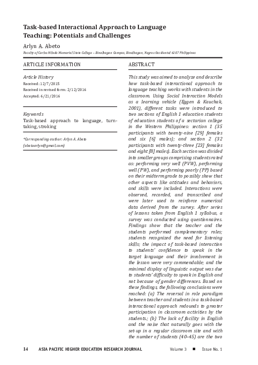 (PDF) Task-based Interactional Approach to Language Teaching: Potentials and Challenges