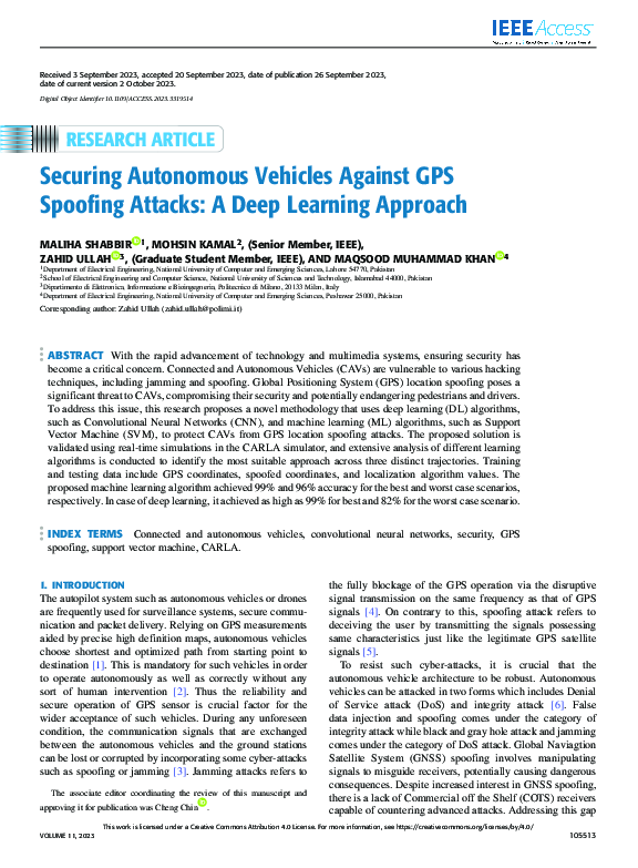 Pdf Deep Learning For Gps Spoofing Defense In Cavs