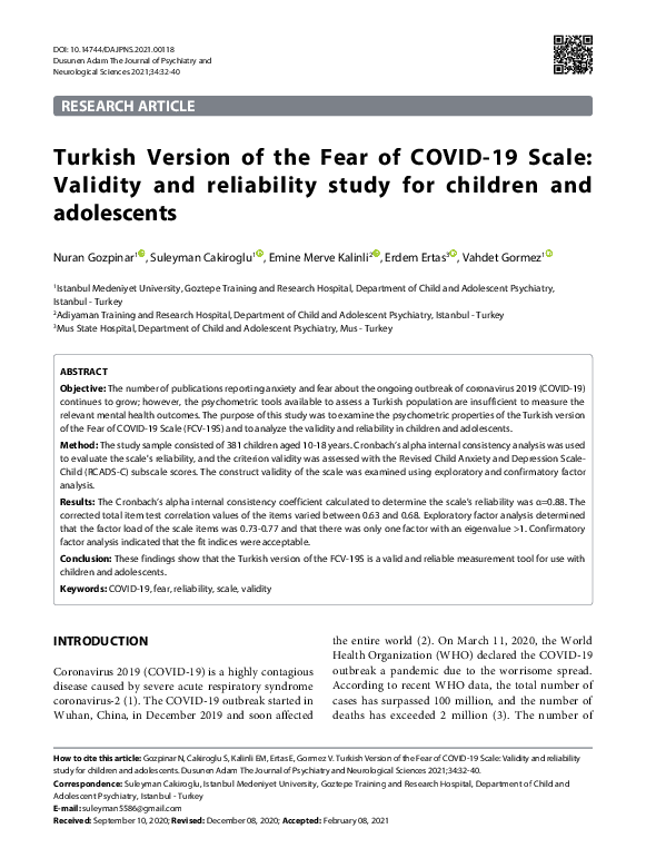 (PDF) Turkish Version of the Fear of COVID-19 Scale: Validity and reliability study for children ...