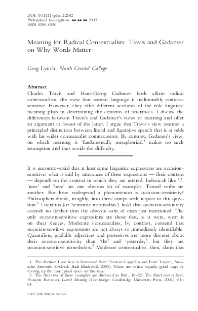 (PDF) Meaning for Radical Contextualists: Travis and Gadamer on Why ...