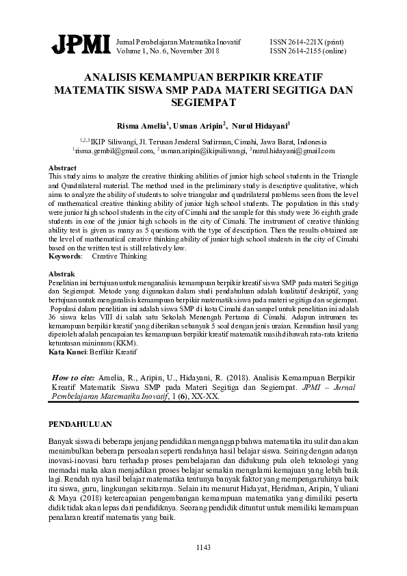 (PDF) Analisis Kemampuan Berpikir Kreatif Matematis Ditinjau Dari Gaya Kognitif Pada ...
