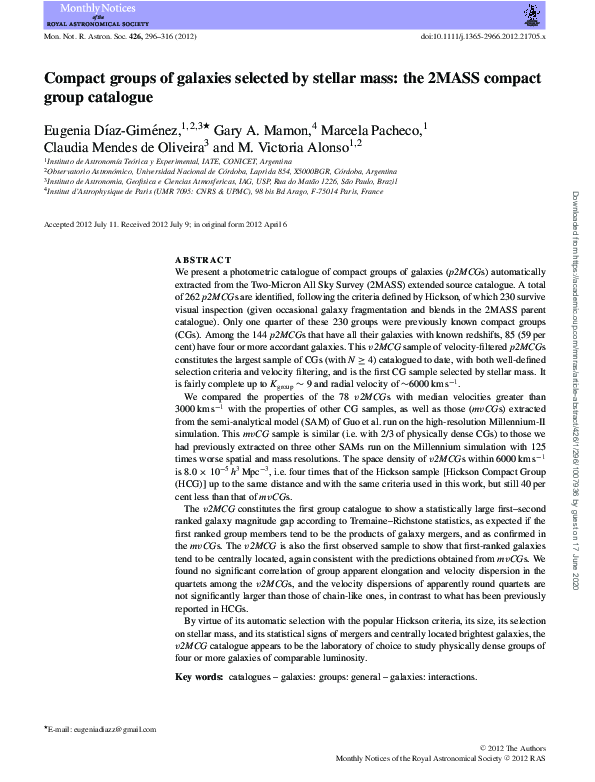 (PDF) Compact groups of galaxies selected by stellar mass: the 2MASS ...