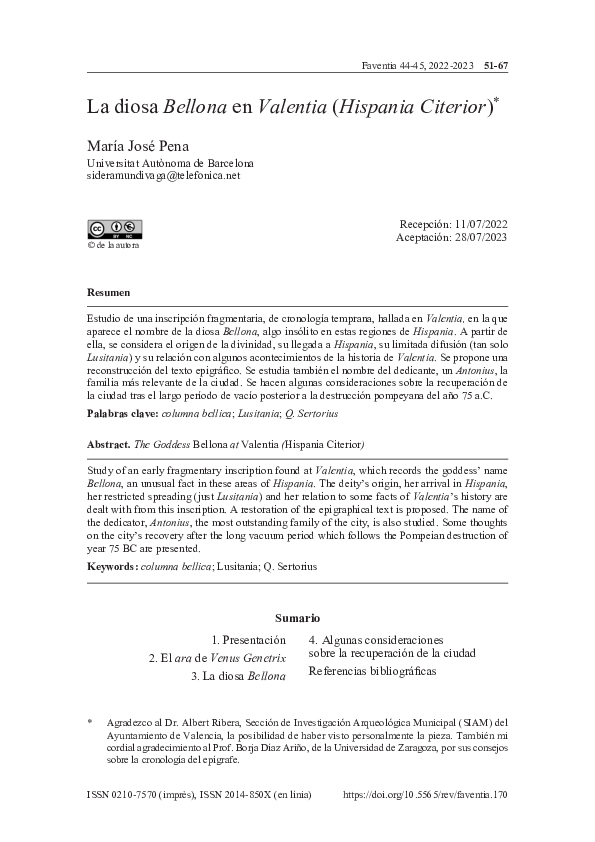 (PDF) La diosa Bellona en Valentia (Hispania Citerior