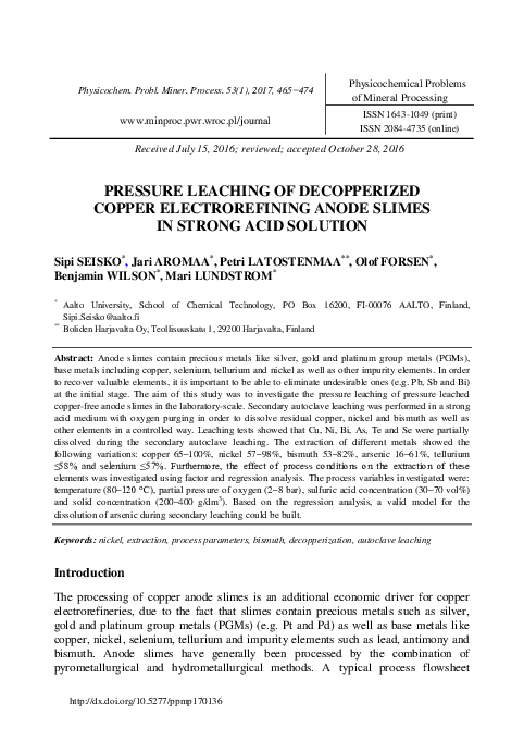 (PDF) Pressure leaching of decopperized copper electrorefining anode ...