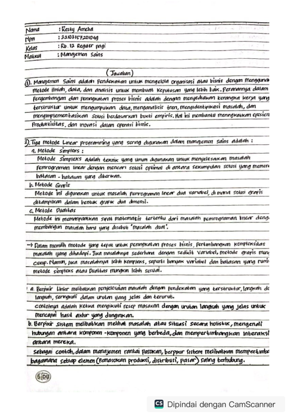 (PDF) Resty Amelia UTS Manajemen Sains Sistem Informasi RB 12