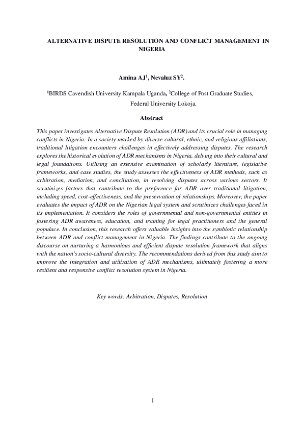 (PDF) ALTERNATIVE DISPUTE RESOLUTION AND CONFLICT MANAGEMENT IN NIGERIA