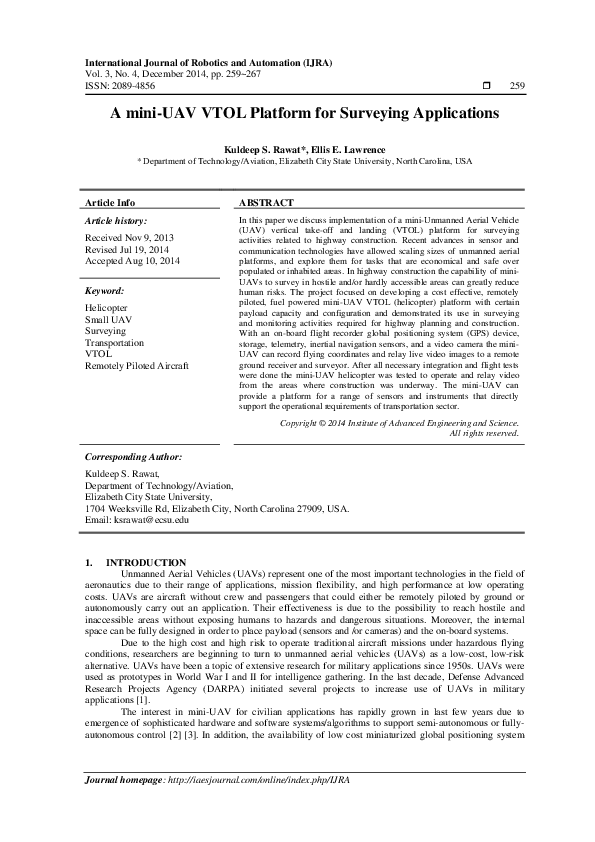 (PDF) A mini-UAV VTOL Platform for Surveying Applications