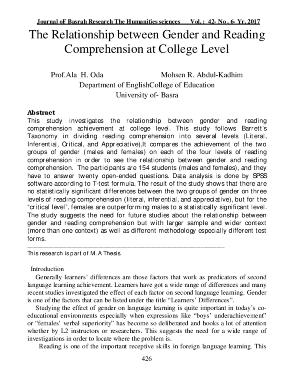 (PDF) The Relationship Between Gender And Reading Comprehension At ...