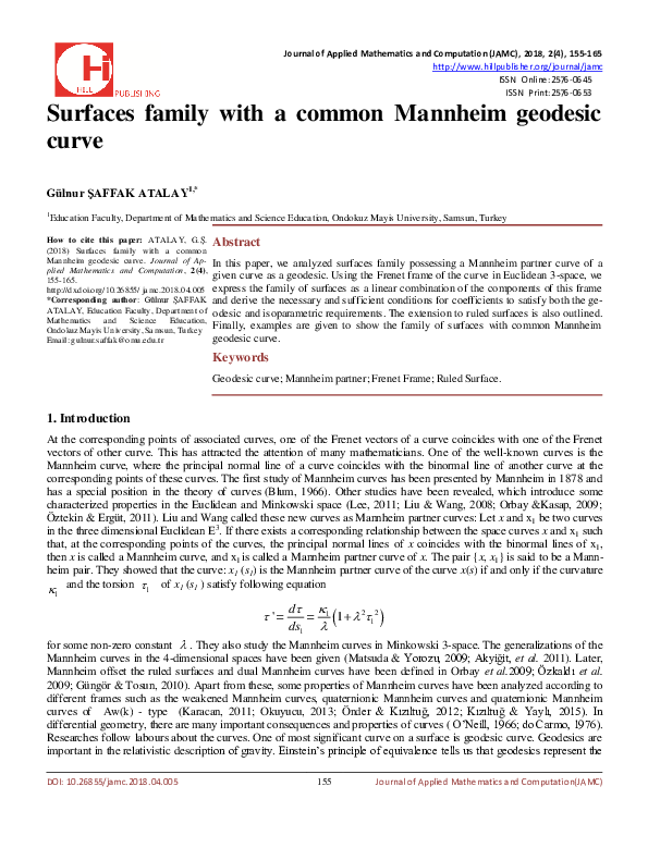 (PDF) Surfaces Family with a Common Mannheim Geodesic Curve