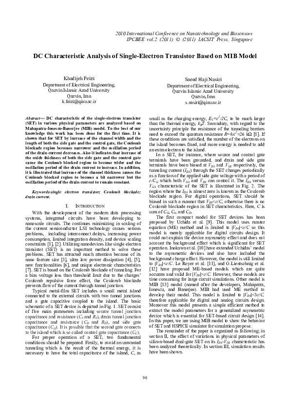 (PDF) DC Characteristic Analysis of Single-Electron Transistor Based on MIB Model