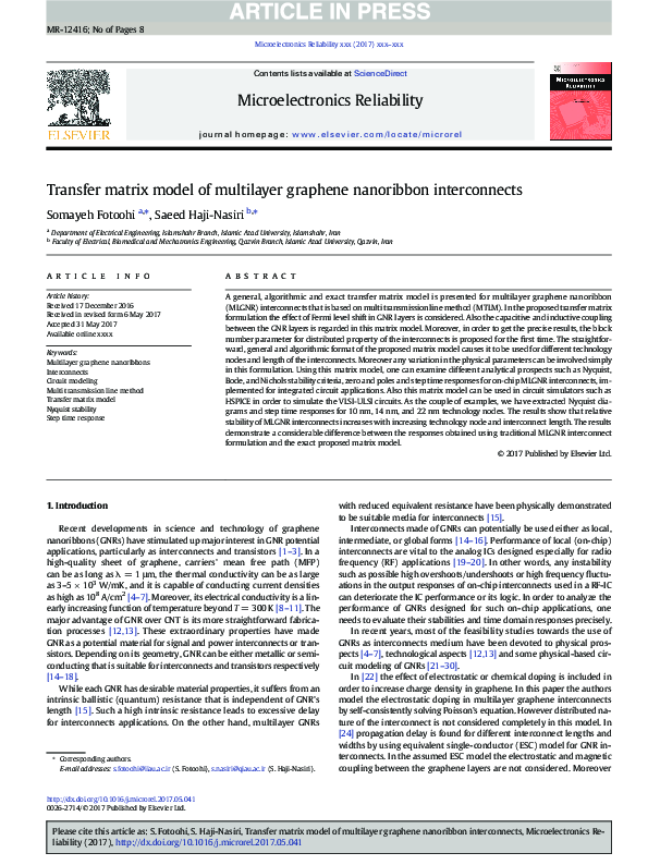 Pdf Transfer Matrix Model Of Multilayer Graphene Nanoribbon Interconnects Saeed Haji Nasiri