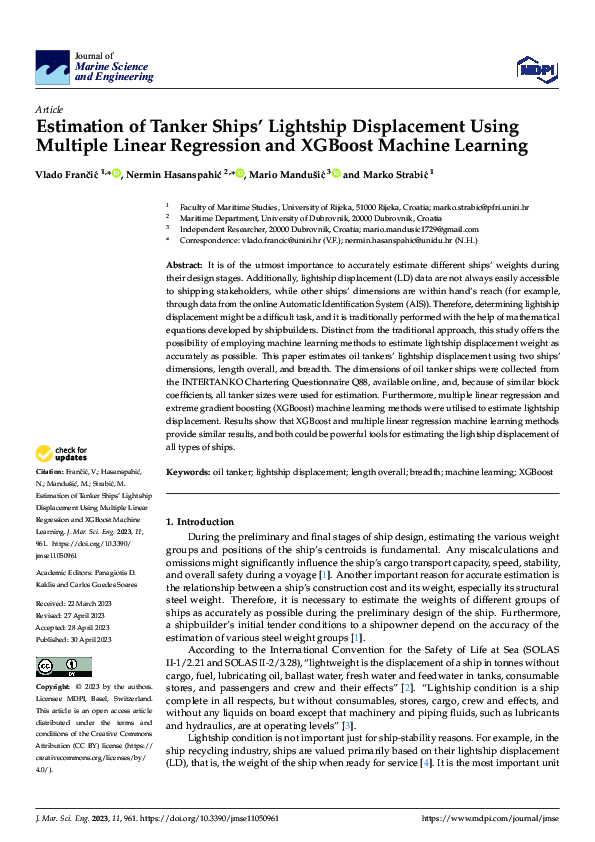 (PDF) Estimation of Tanker Ships’ Lightship Displacement Using Multiple Linear Regression and ...
