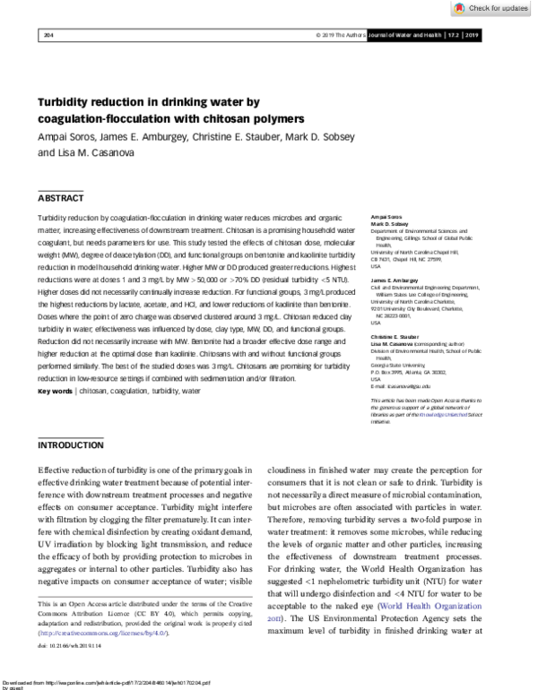 (PDF) Turbidity reduction in drinking water by coagulation-flocculation ...