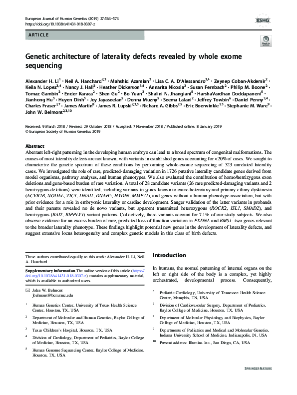 (PDF) Genetic architecture of laterality defects revealed by whole ...