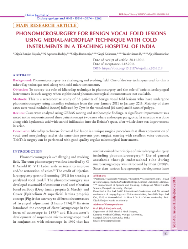 (PDF) Phonomicrosurgery for Benign Vocal Fold Lesions Using Medial ...
