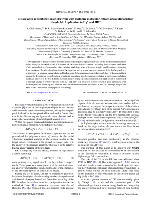(PDF) Dissociative recombination of electrons with diatomic molecular ...