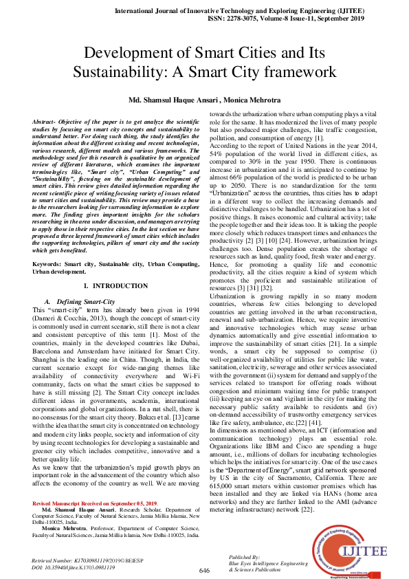 (PDF) Development of Smart Cities and Its Sustainability: A Smart City Framework