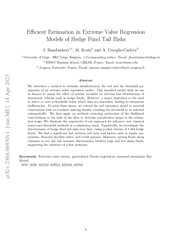 (PDF) Efficient Estimation in Extreme Value Regression Models of Hedge Fund Tail Risks