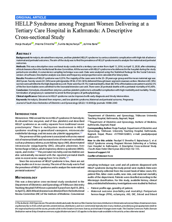(PDF) HELLP Syndrome among Pregnant Women Delivering at a Tertiary Care ...