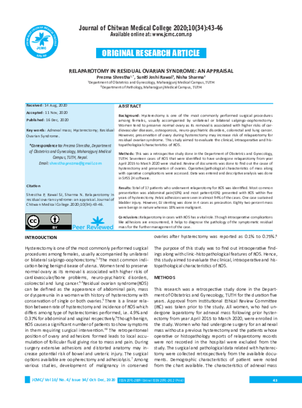 (PDF) Relaparotomy in Residual Ovarian Syndrome: An Appraisal