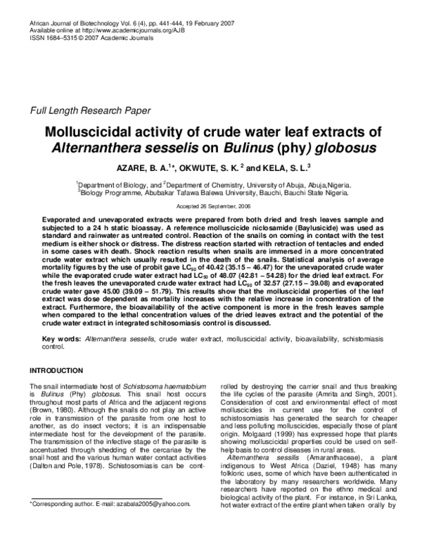 (PDF) Molluscicidal activity of crude water leaf extracts of ...