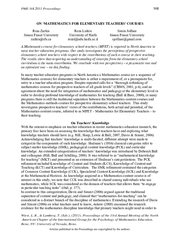 (PDF) On 'Mathematics for Elementary Teachers' Courses