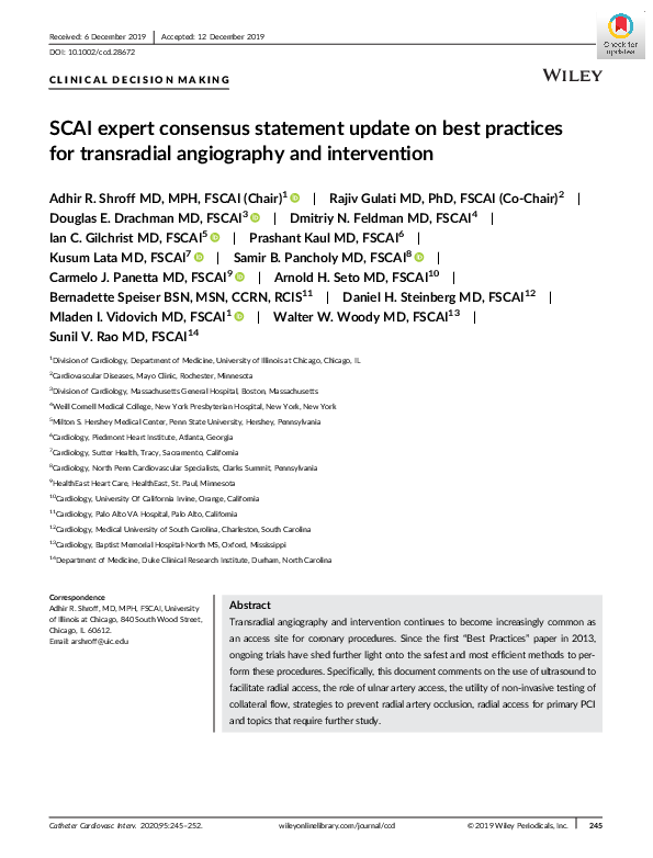(PDF) SCAI expert consensus statement update on best practices for transradial angiography and ...