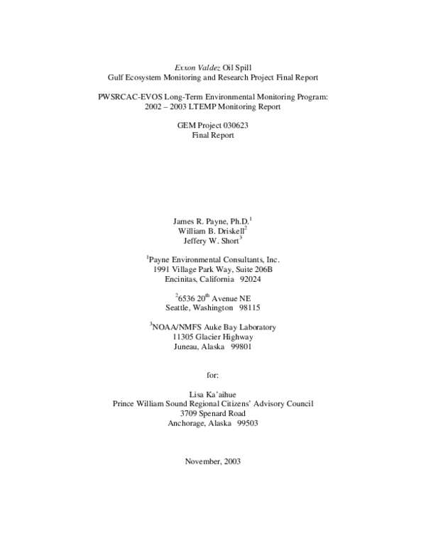 (PDF) Exxon Valdez Oil Spill Gulf Ecosystem Monitoring and Research ...