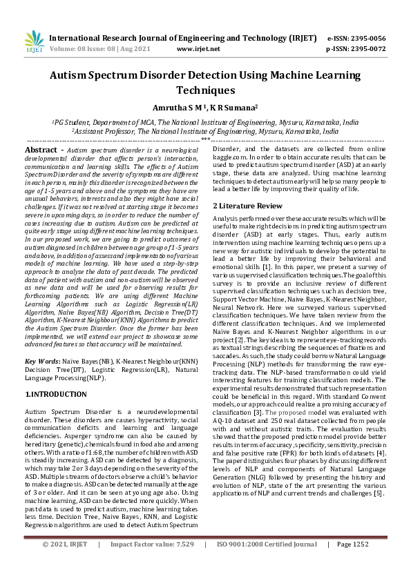 (PDF) Autism Spectrum Disorder Detection Using Machine Learning Techniques