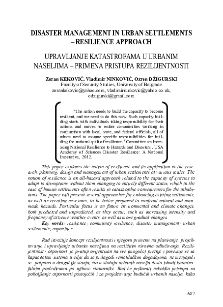 (PDF) Disaster Management in Urban Settlements – Resilience Approach