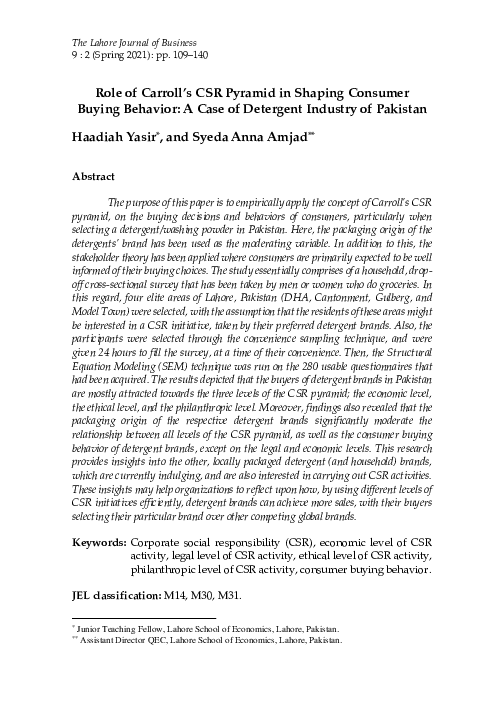 (PDF) Role of Carroll’s CSR Pyramid in Shaping Consumer Buying Behavior: A Case of Detergent ...