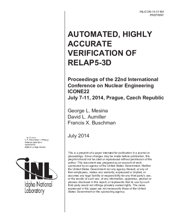 (PDF) Automated, Highly Accurate Verification of RELAP5-3D