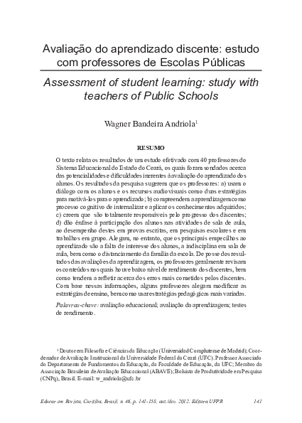 (PDF) Assessment of student learning: study with teachers of Public Schools