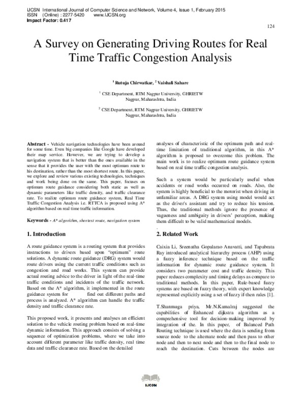 Pdf A Survey On Generating Driving Routes For Real Time Traffic Congestion Analysis