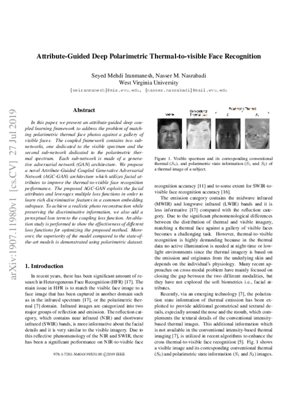 Pdf Attribute Guided Deep Polarimetric Thermal To Visible Face Recognition Nasser Nasrabadi