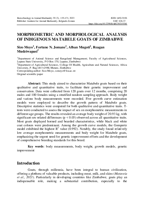 (PDF) MORPHOMETRIC AND MORPHOLOGICAL ANALYSIS OF INDIGENOUS MATABELE ...