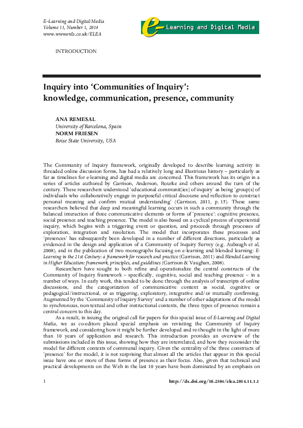 (PDF) Introduction. Inquiry into 'communities of inquiry': knowledge ...
