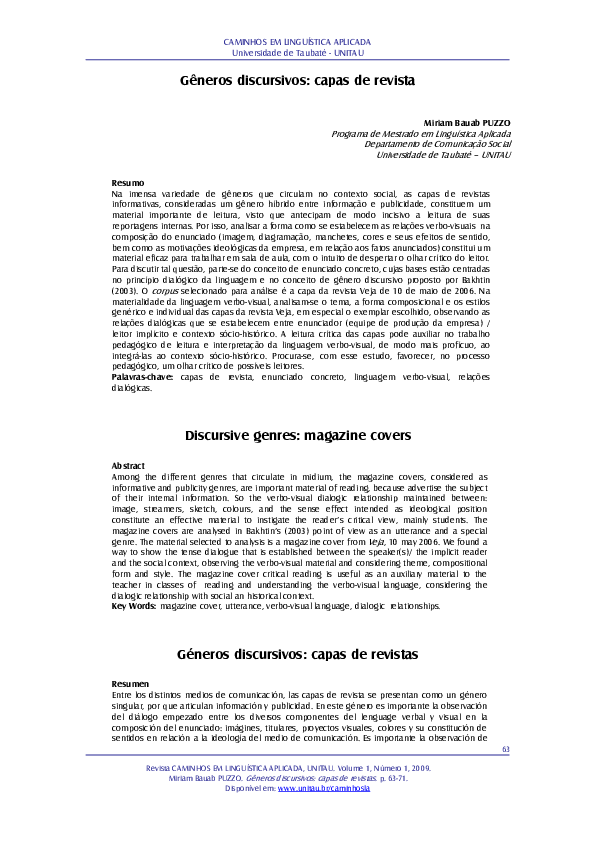 (PDF) Gêneros discursivos: capas de revista Discursive genres: magazine ...
