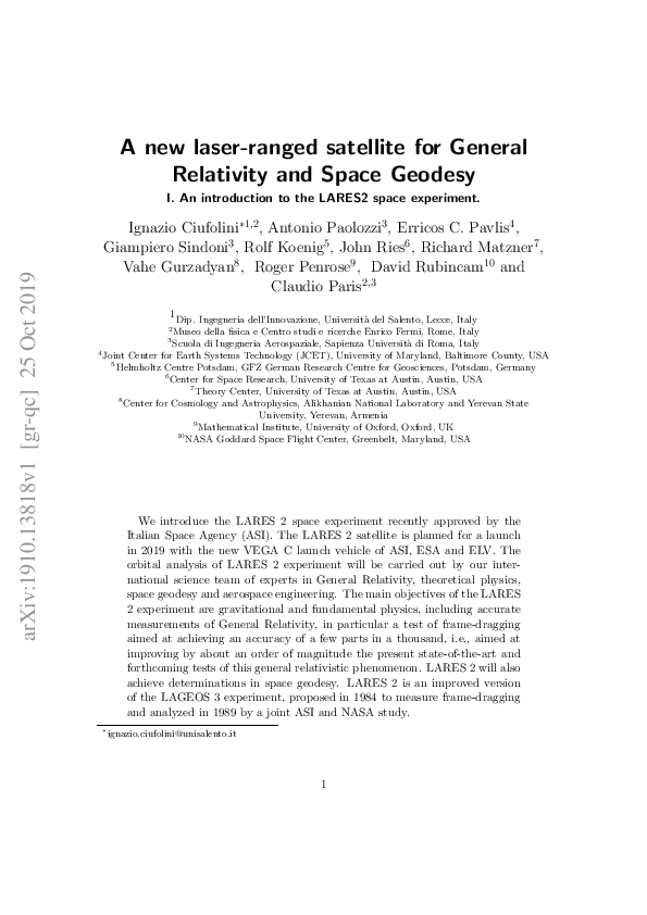 (PDF) A new laser-ranged satellite for General Relativity and space geodesy: I. An introduction ...