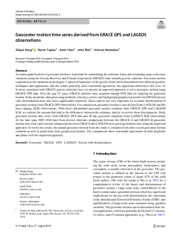 (PDF) Geocenter motion time series derived from GRACE GPS and LAGEOS ...